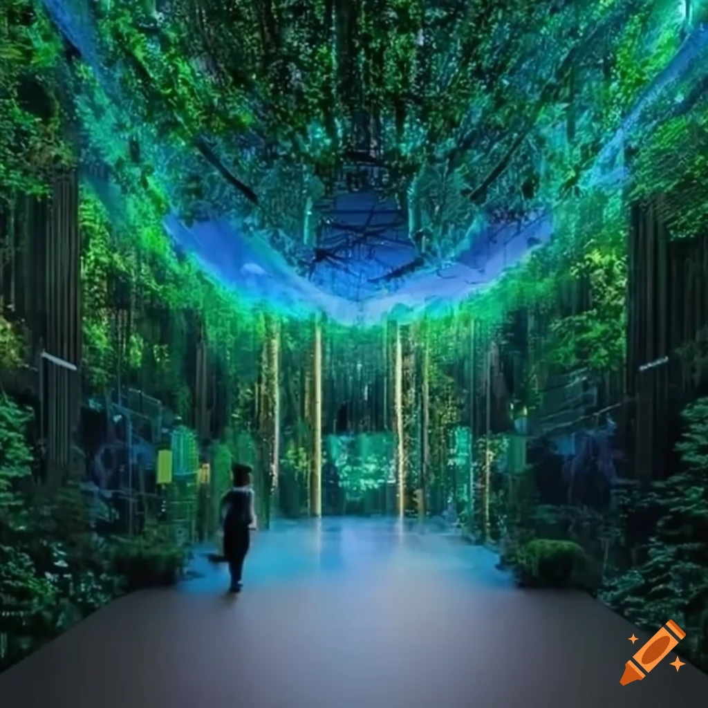 Innovative office with virtual forest views on led screens on Craiyon