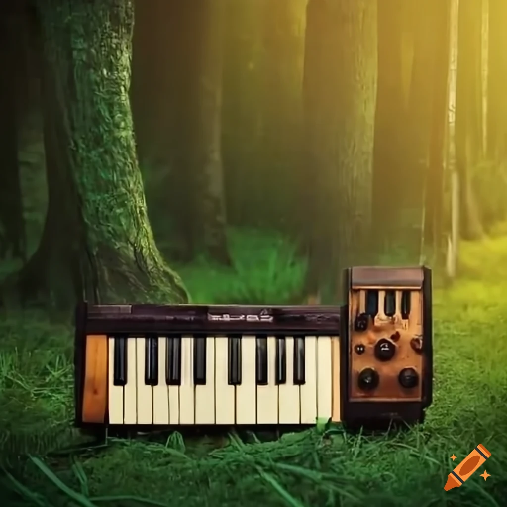 Vintage mini synthesizer and bongo in a deep green forest at sunset on ...