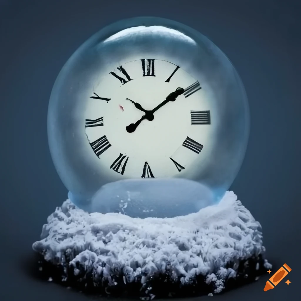 Clock inside a winter snow globe on Craiyon