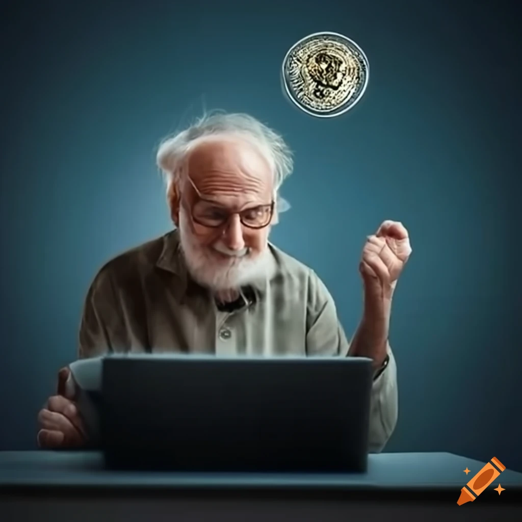 Wise old man exploring bitcoin technology on a computer on Craiyon