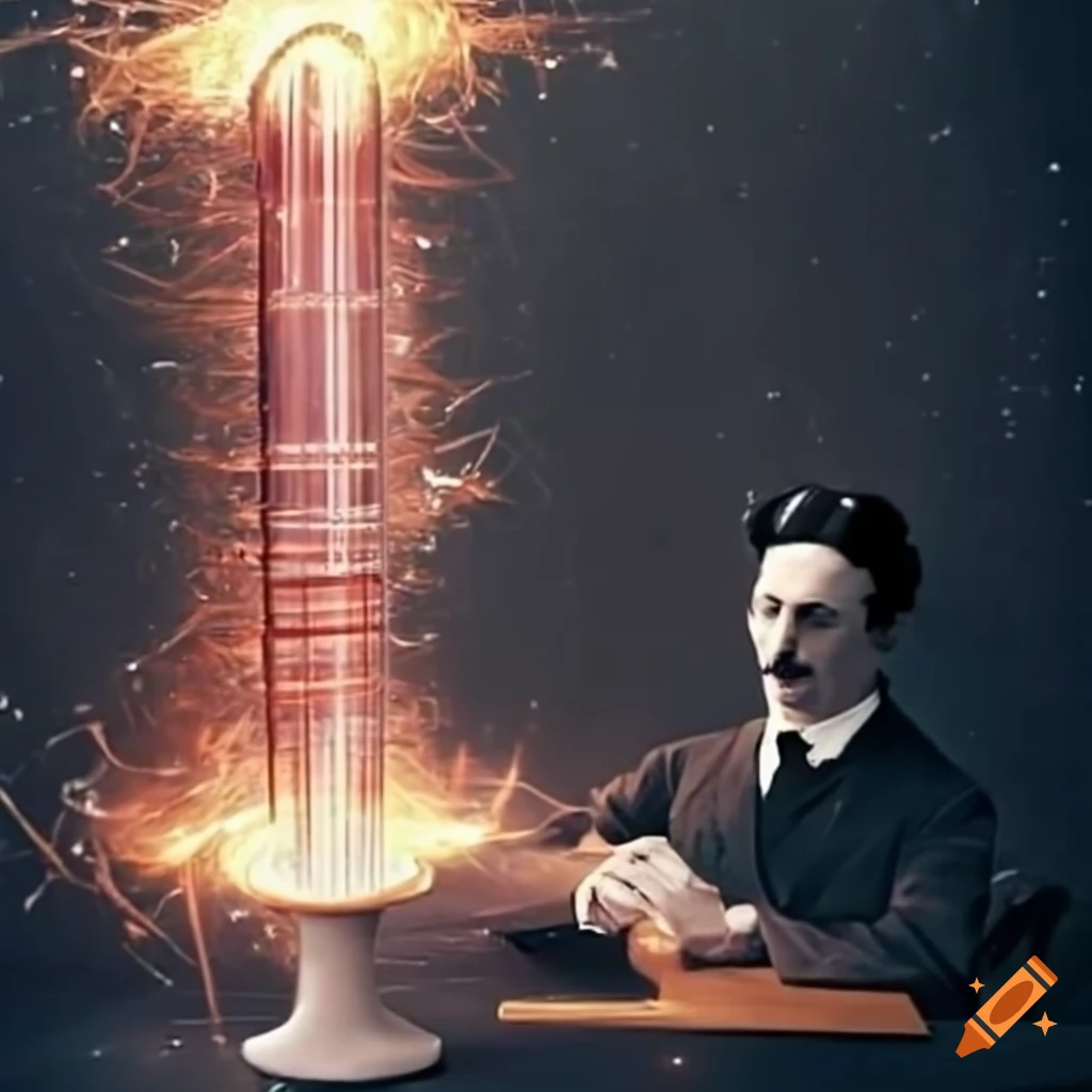 Nikola tesla proudly displaying his lab's intricate spark coil on Craiyon