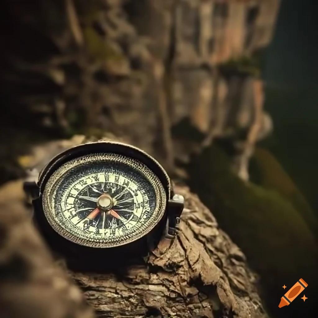 Adventurer with vintage compass on cliffside trail on Craiyon