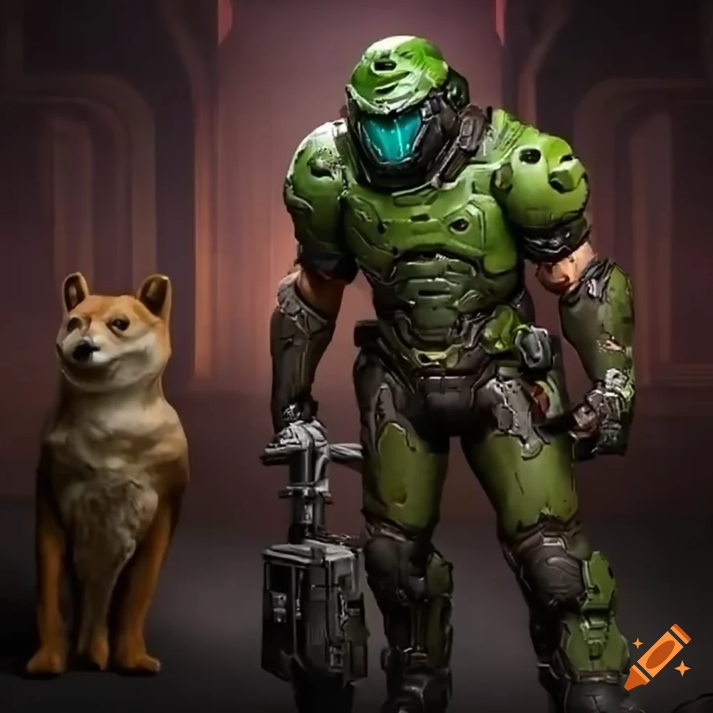 Doom slayer with doge companion on Craiyon