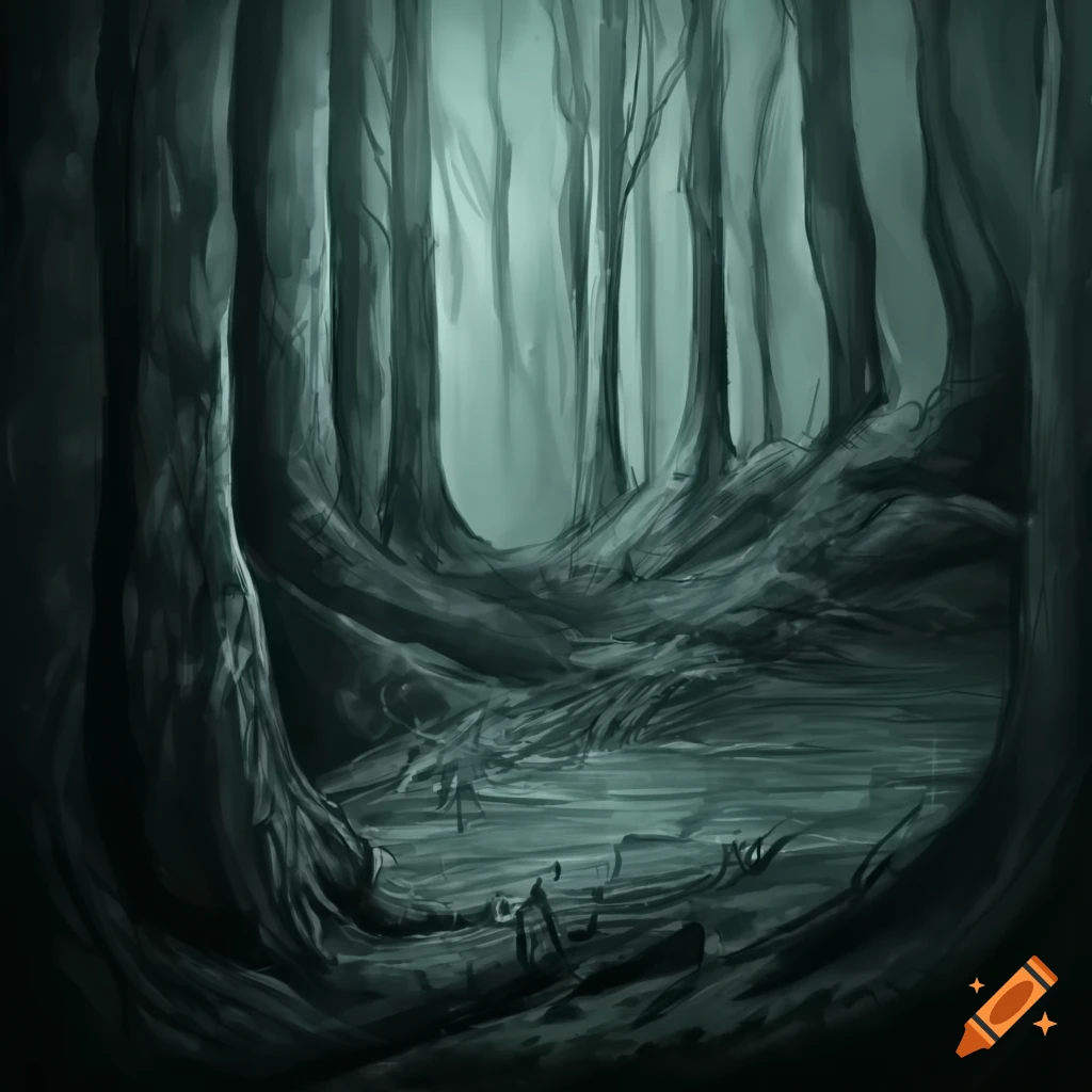 Dark forest in a rough sketch art style on Craiyon
