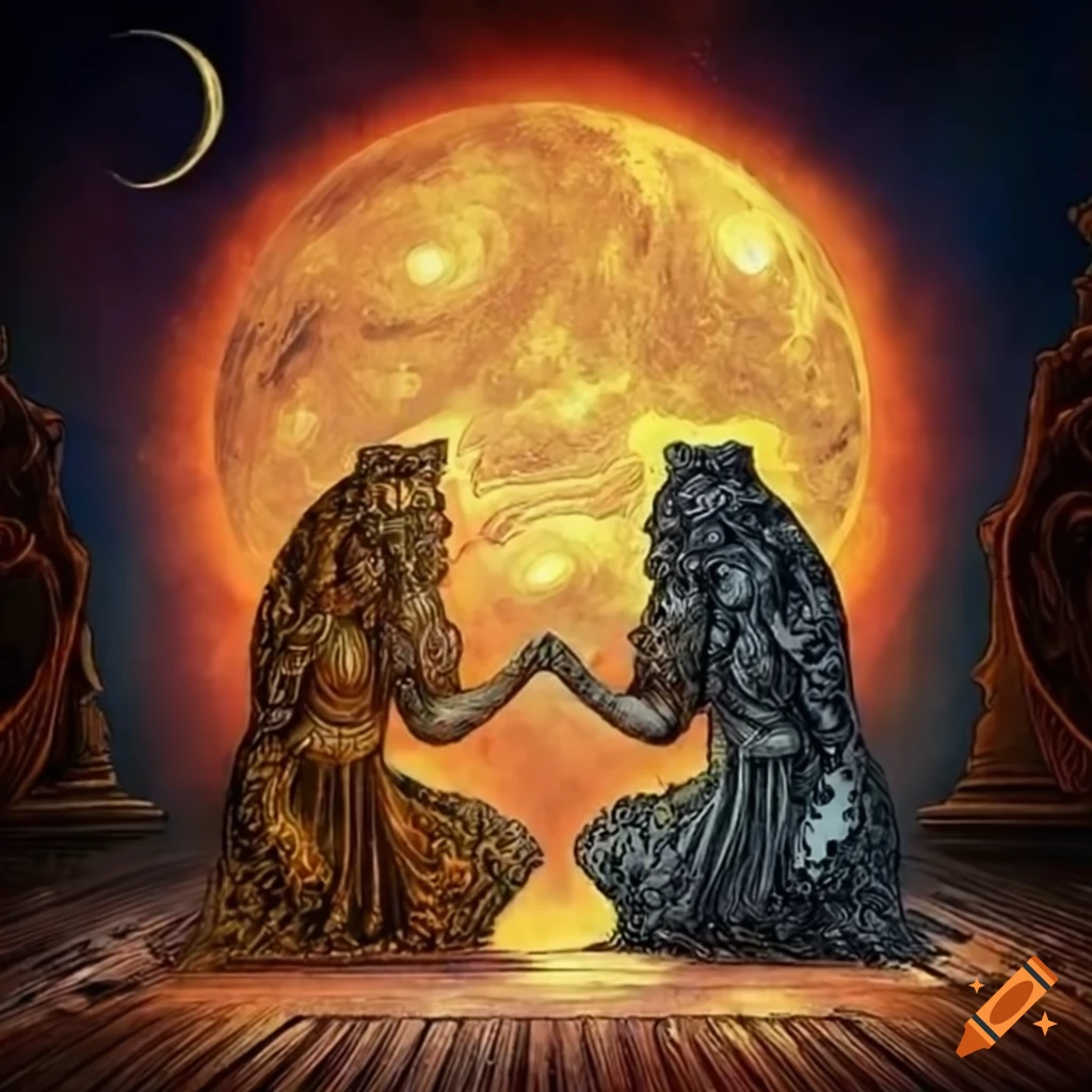 Illustration of two gods creating the sun and moon on Craiyon