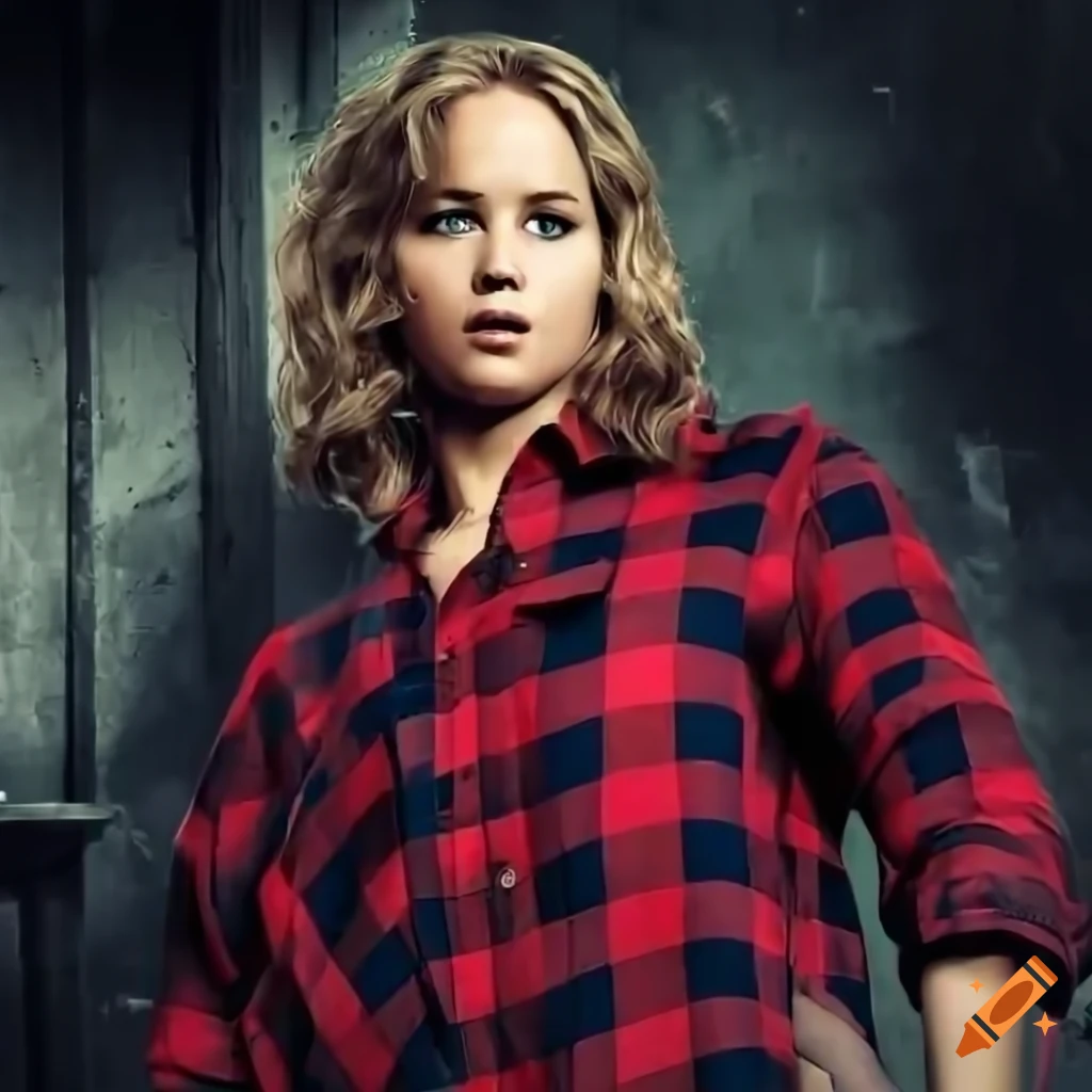 Blonde actress resembling Jennifer Lawrence in a red plaid shirt and high-waist black leather ...