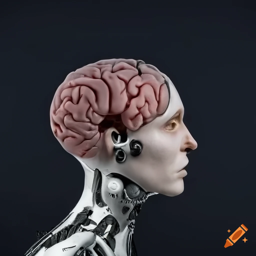 High detailed cyborg in operation showing brain through skull hole on ...