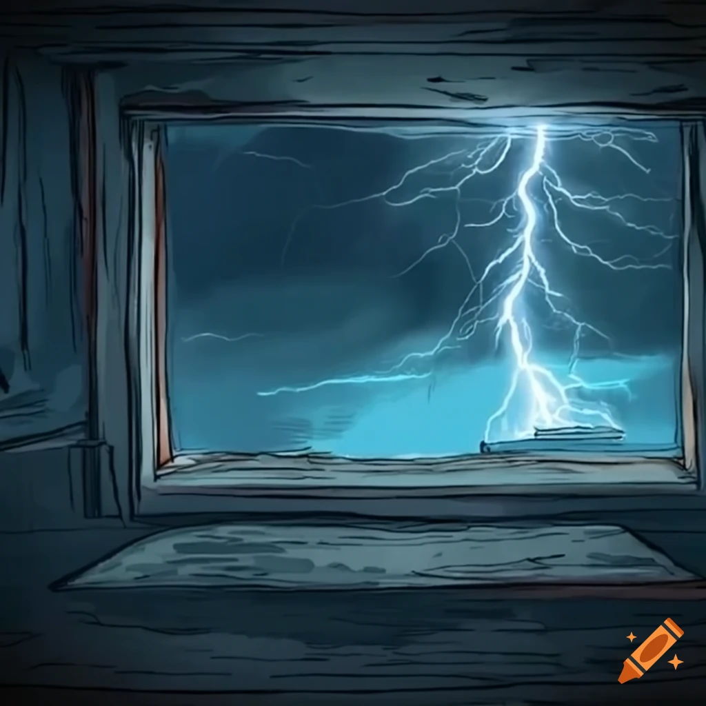 Window view of lightning striking the ground on Craiyon