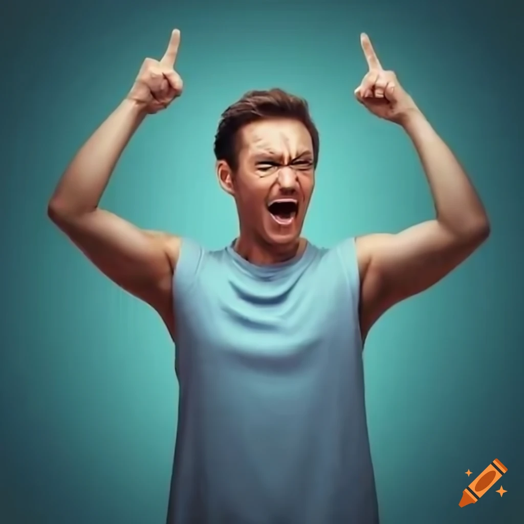 Excited man with raised arms pointing up on Craiyon