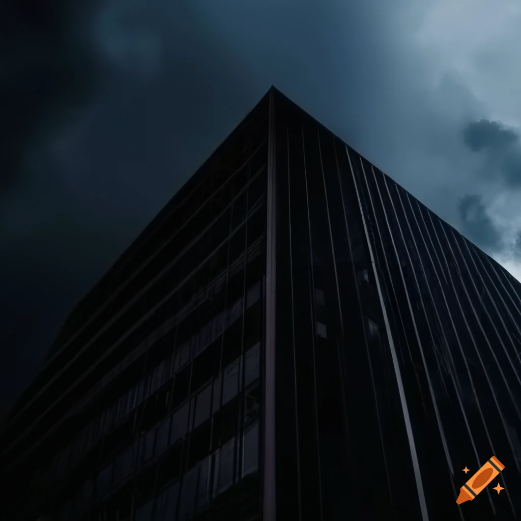 Office building with stormy skies and lightning on Craiyon