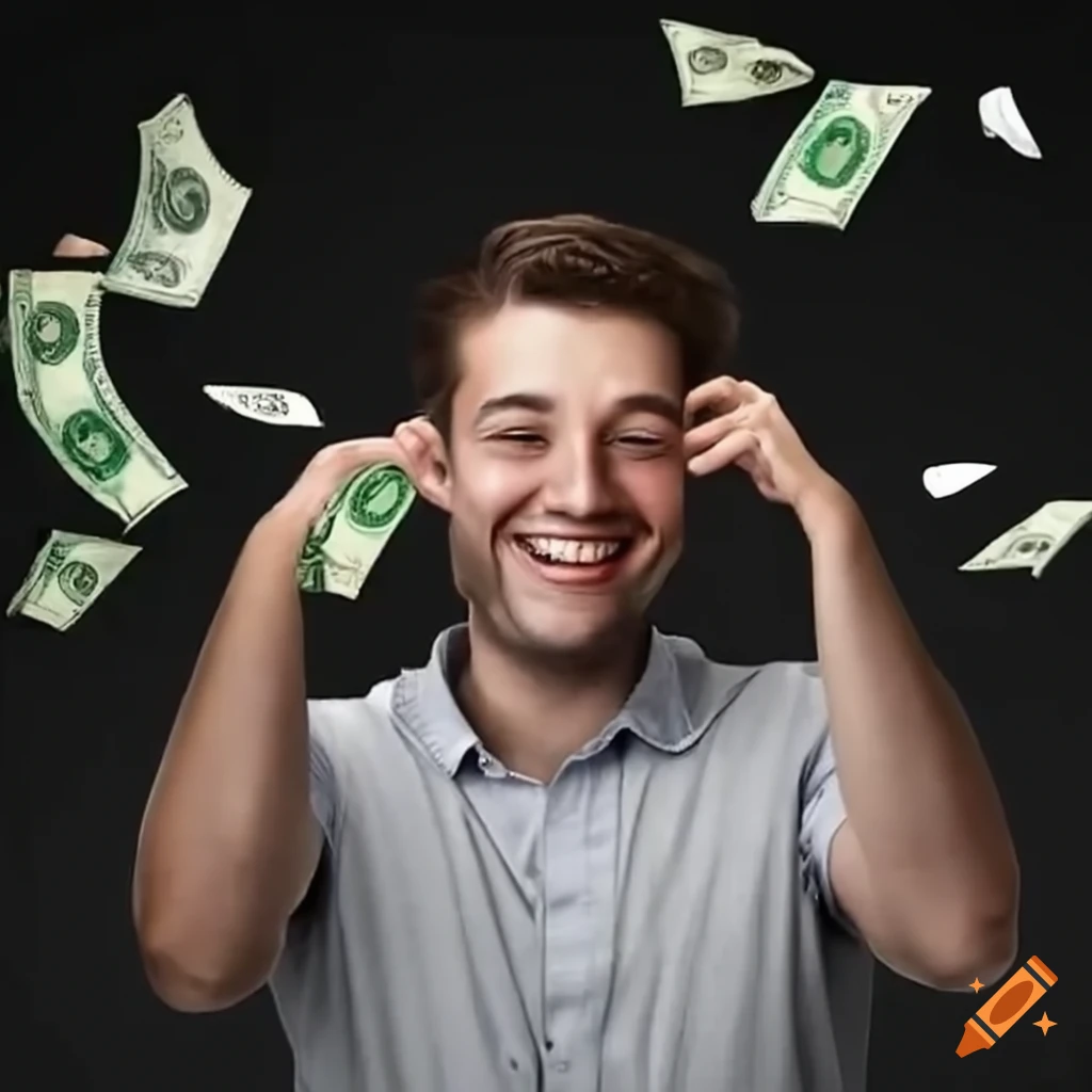 Man delighted as money rains down around him on Craiyon