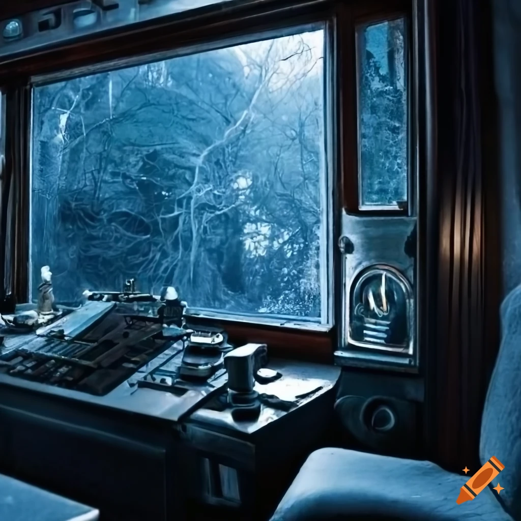 Captain's room with night view from window and control panel of wood ...