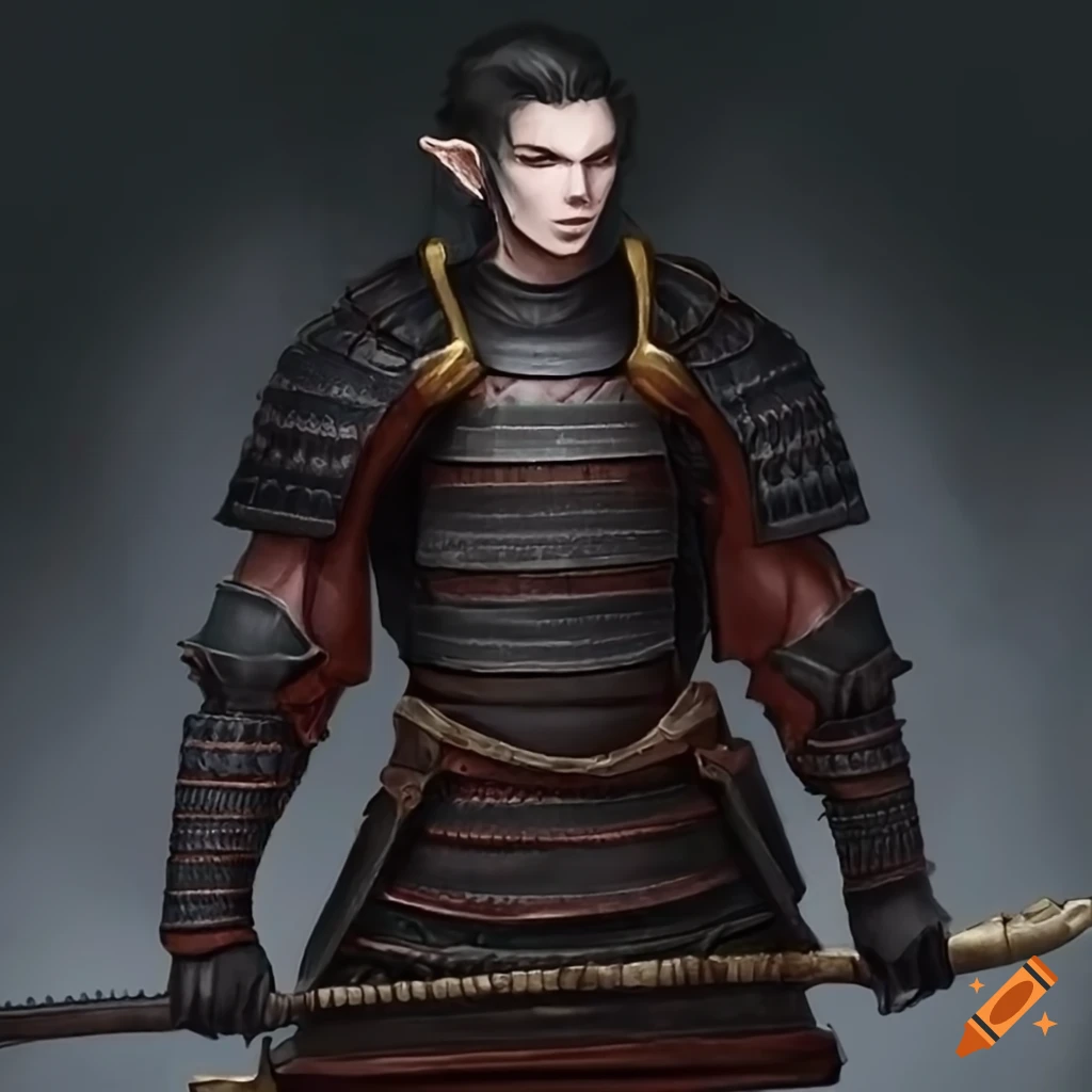 Male samurai elf in full armor with dark hair on Craiyon