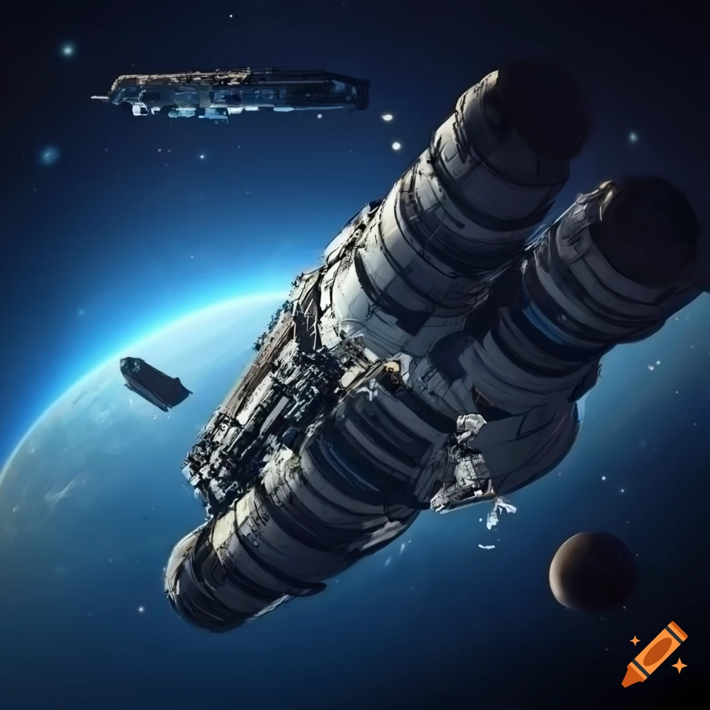 Space ship docking at a sci-fi space station next to a planet on Craiyon