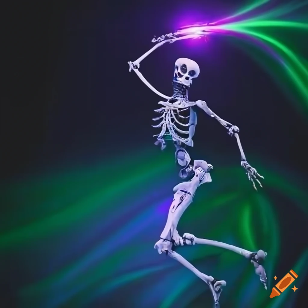 Cyborg skeleton dancing with northern lights-style laser beams on Craiyon