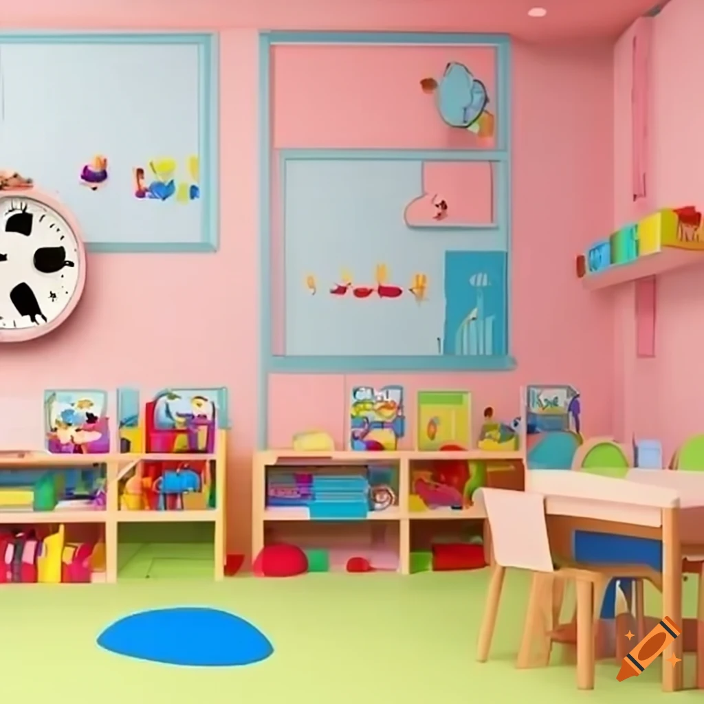 Cartoon daycare room with vibrant colors, shelves, children's drawings ...