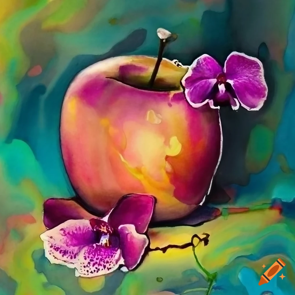 Apple with orchid flower in ink painting style on Craiyon
