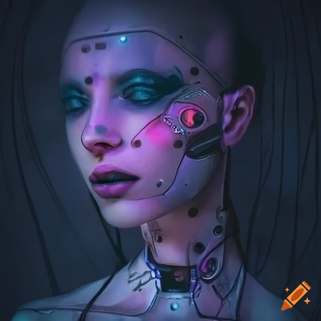 Biopunk cyborg goddess in a dark cyberpunk cityscape on Craiyon