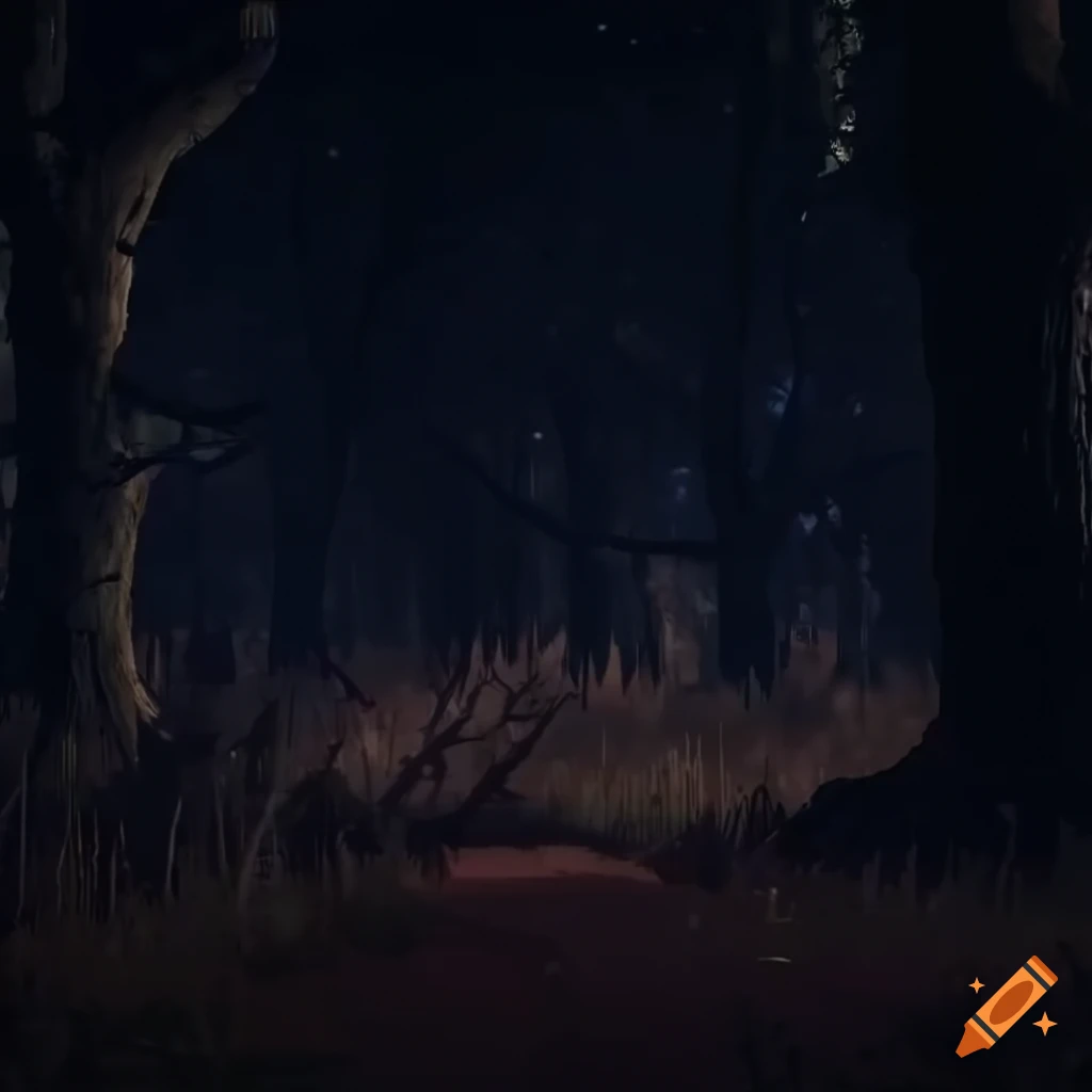Oak forest at night inspired by Rust video games on Craiyon