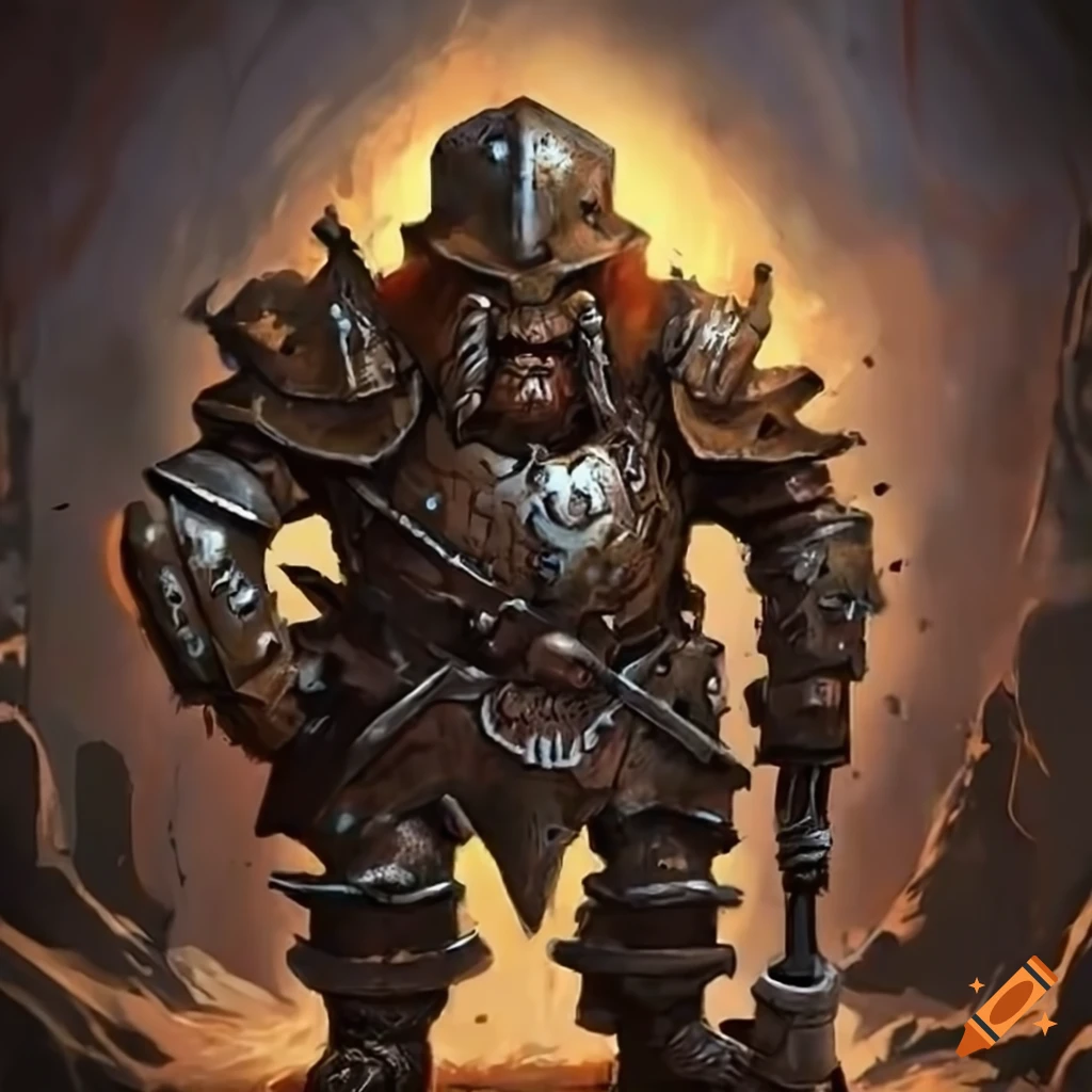 Helmeted male dwarf in heavy scrap metal armor casting a metal beam ...