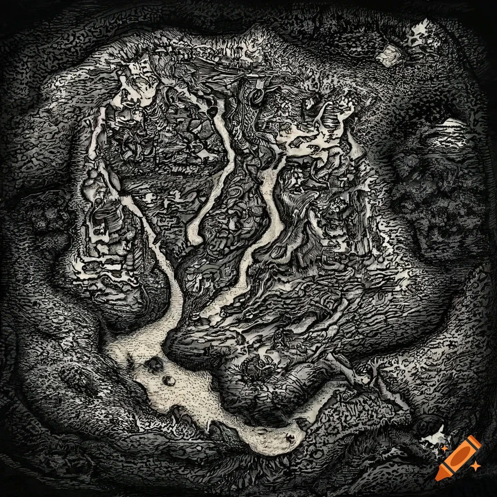 Detailed black and white hand-drawn fantasy map with settlements ...