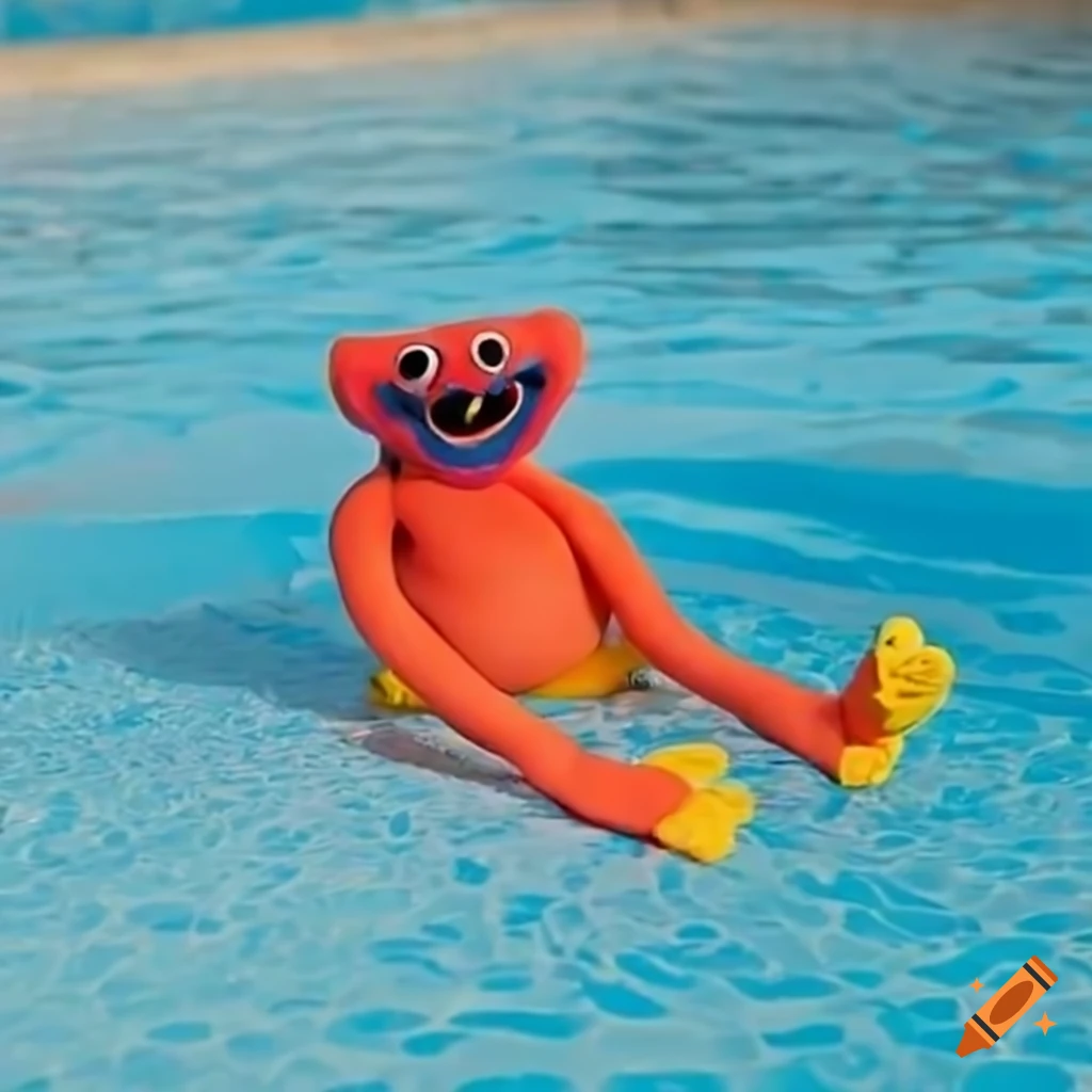 Oversized Huggy Wuggy toy sunbathing by a blue swimming pool on Craiyon