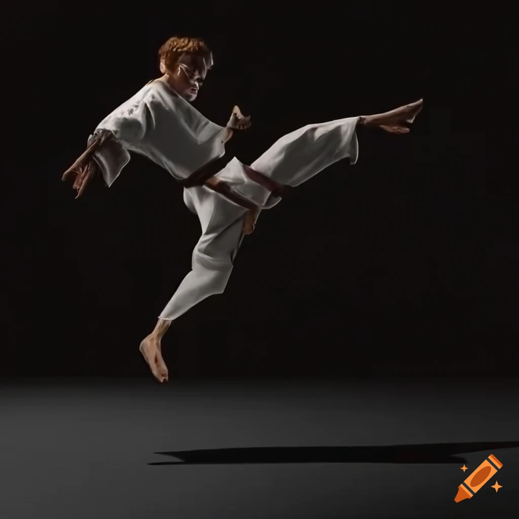 Agile wood elf executing a high kick in a karate uniform on Craiyon