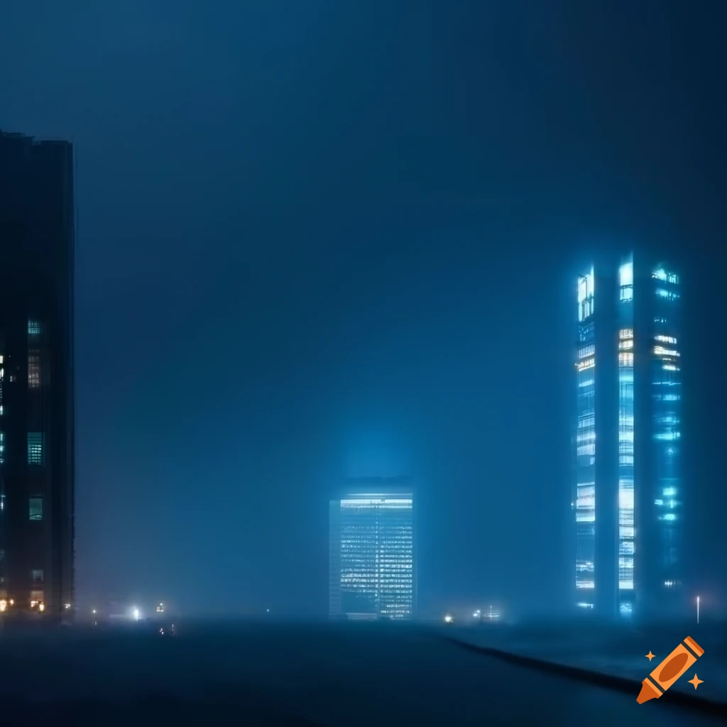 Night view with intense fog and neon lights of modern buildings on Craiyon