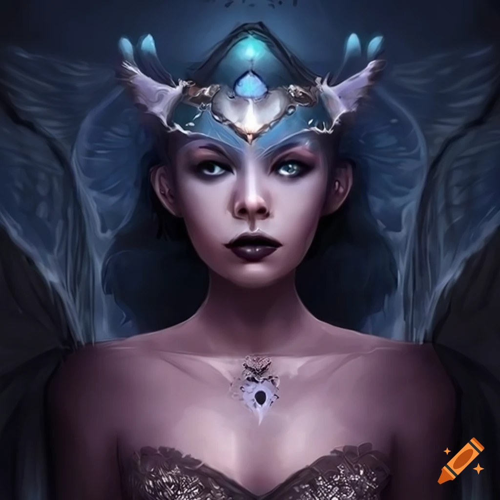Ethereal queen with vulture wings, dark skin, blue hair, and striking black lips on Craiyon