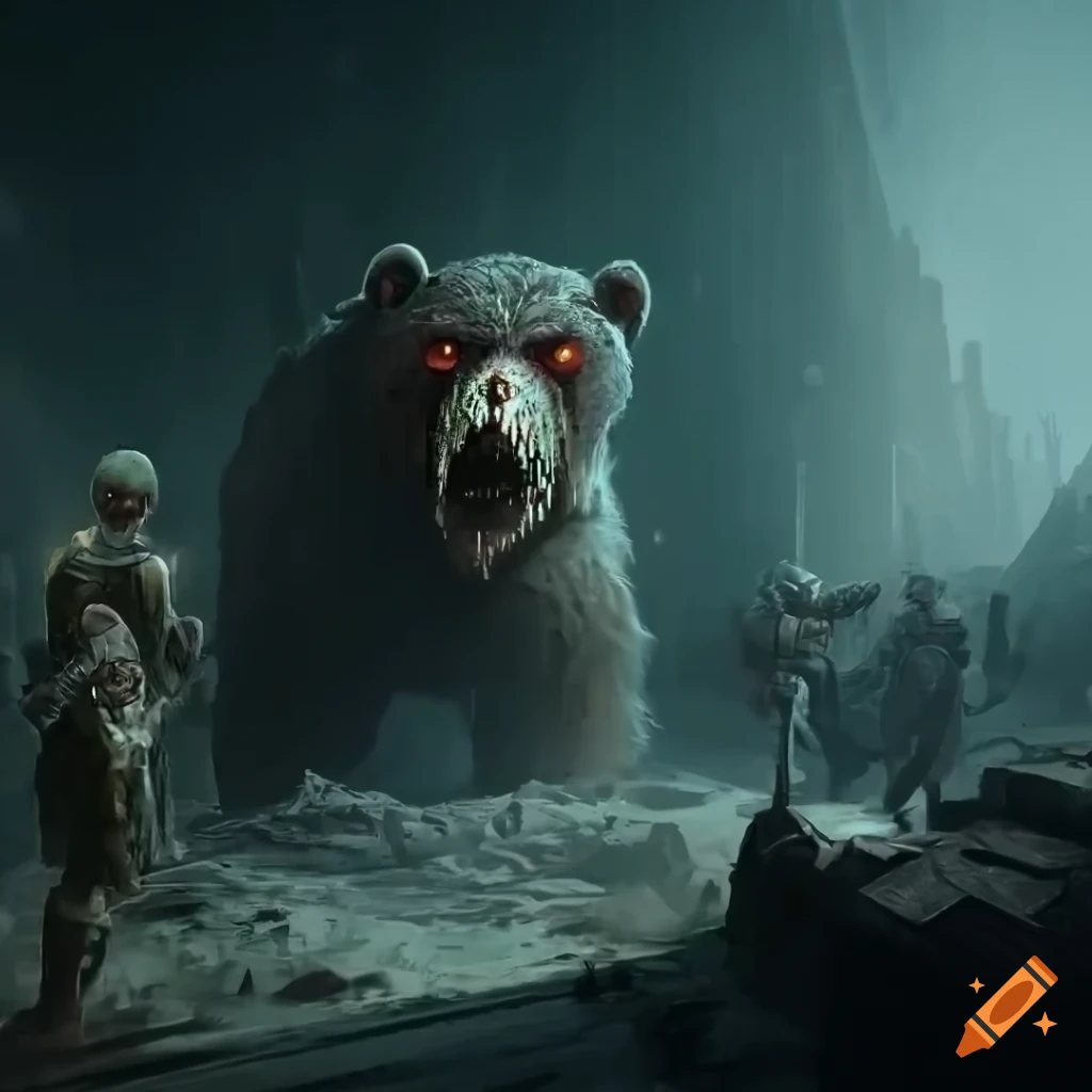 Detailed decopunk sci-fi painting of a zombie with bears in a high-tech ...