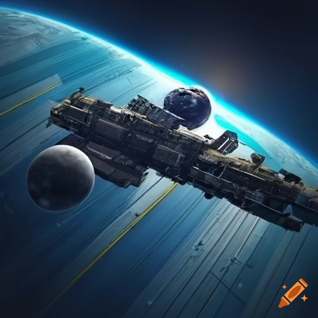 Space ship docking at sci-fi space station near a planet on Craiyon