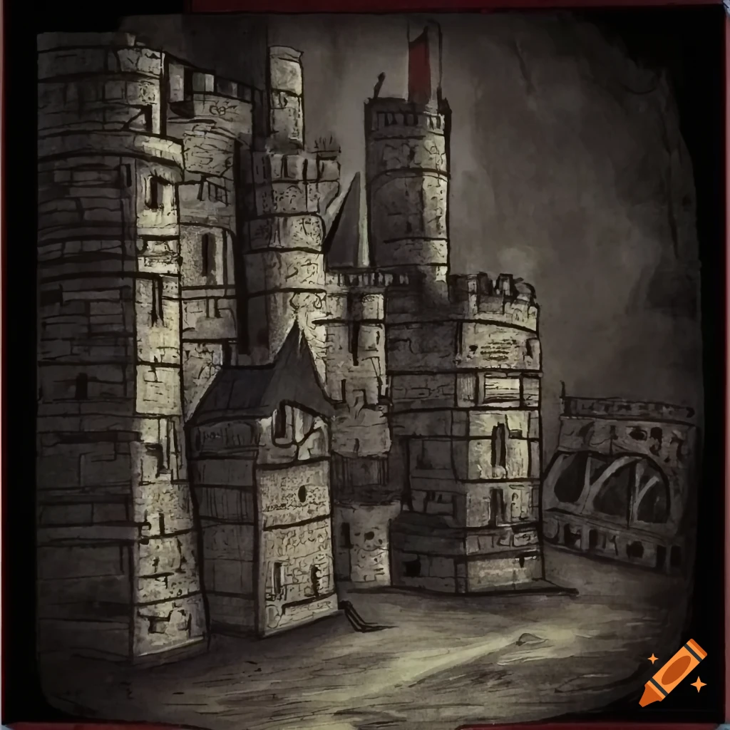 Medieval knight's castle with battlements and gatehouse tower in a dark ...