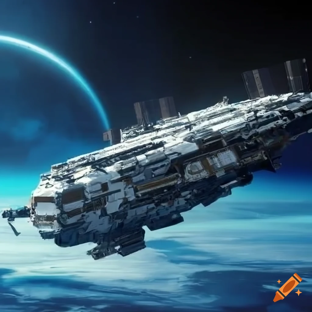 Spaceship docking at a sci-fi space station with a planet in the background on Craiyon