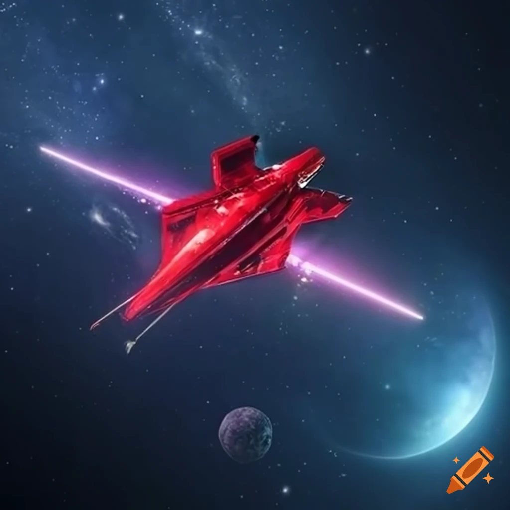 Sleek red spaceship among planets and stars in a futuristic design on ...
