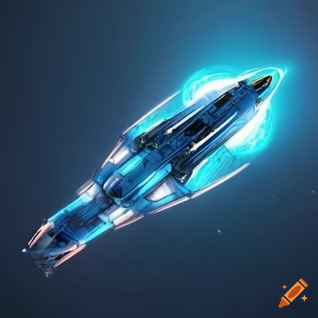 Blue spaceship with glowing trail and engines in space on Craiyon