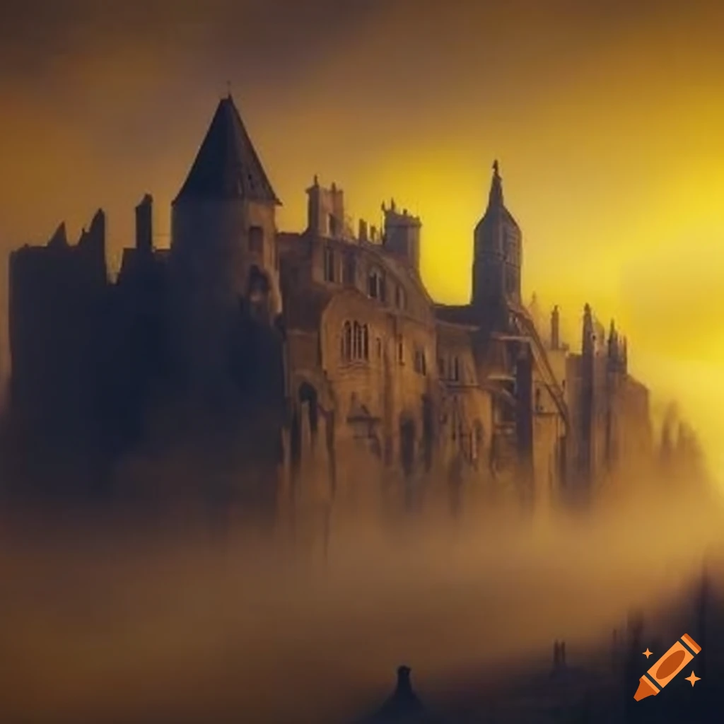 Medieval keep in a yellow foggy atmosphere on Craiyon