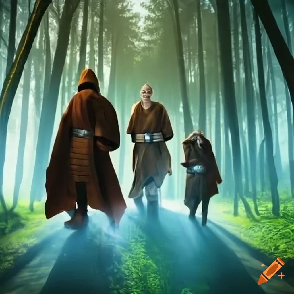 Three people in jedi robes running through a forest on Craiyon