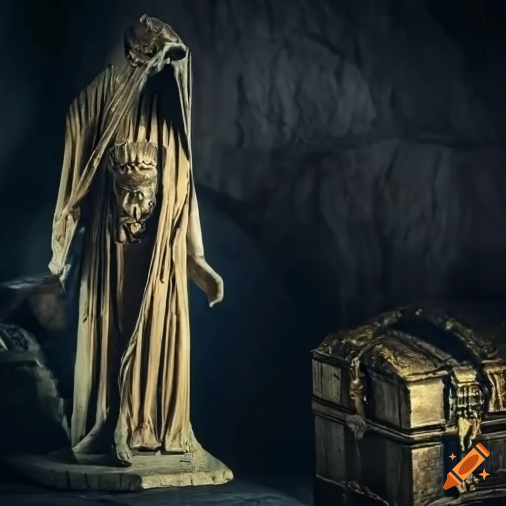 Ancient statue of a vigilant humanoid next to a small golden chest in a ...