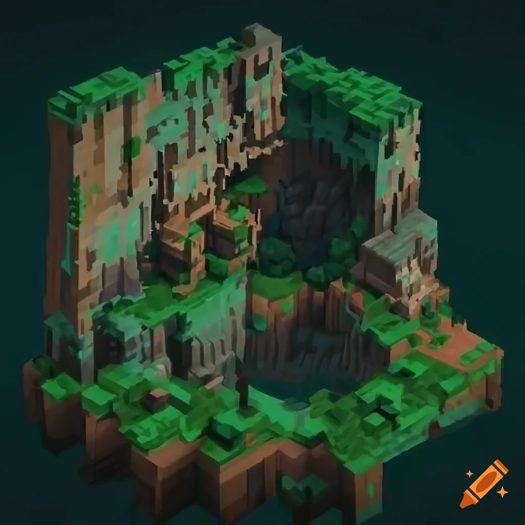 Overgrown geologic terrain in an isometric view inspired by various ...