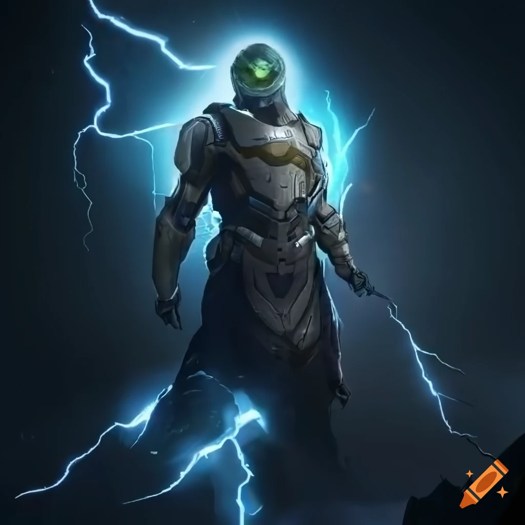 Zeus holding lightning in armor in futuristic setting on Craiyon