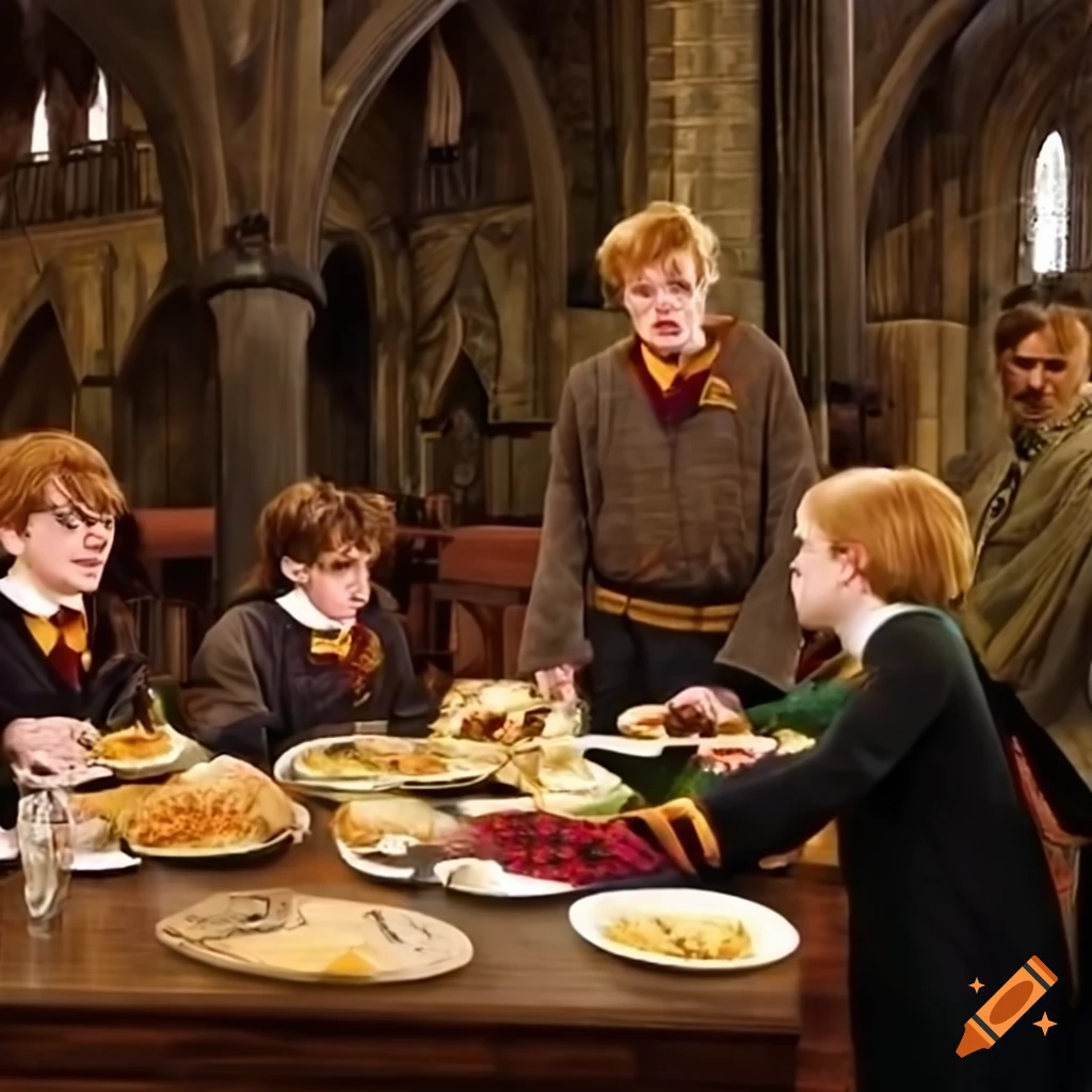 Harry, Ron, and Hermione in Hogwarts' Great Hall during a mealtime conversation on Craiyon