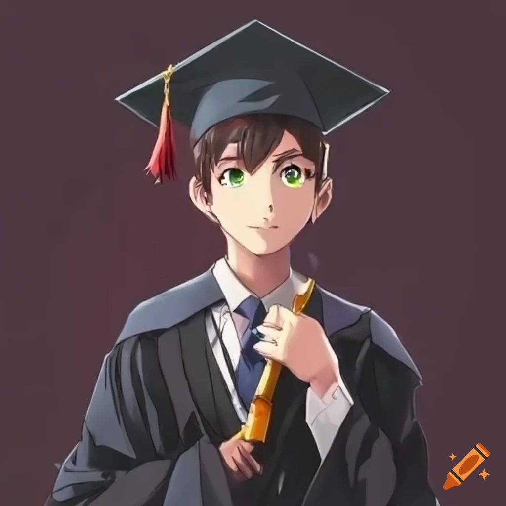 Male academic student in graduation attire with a diplomatic trophy in ...