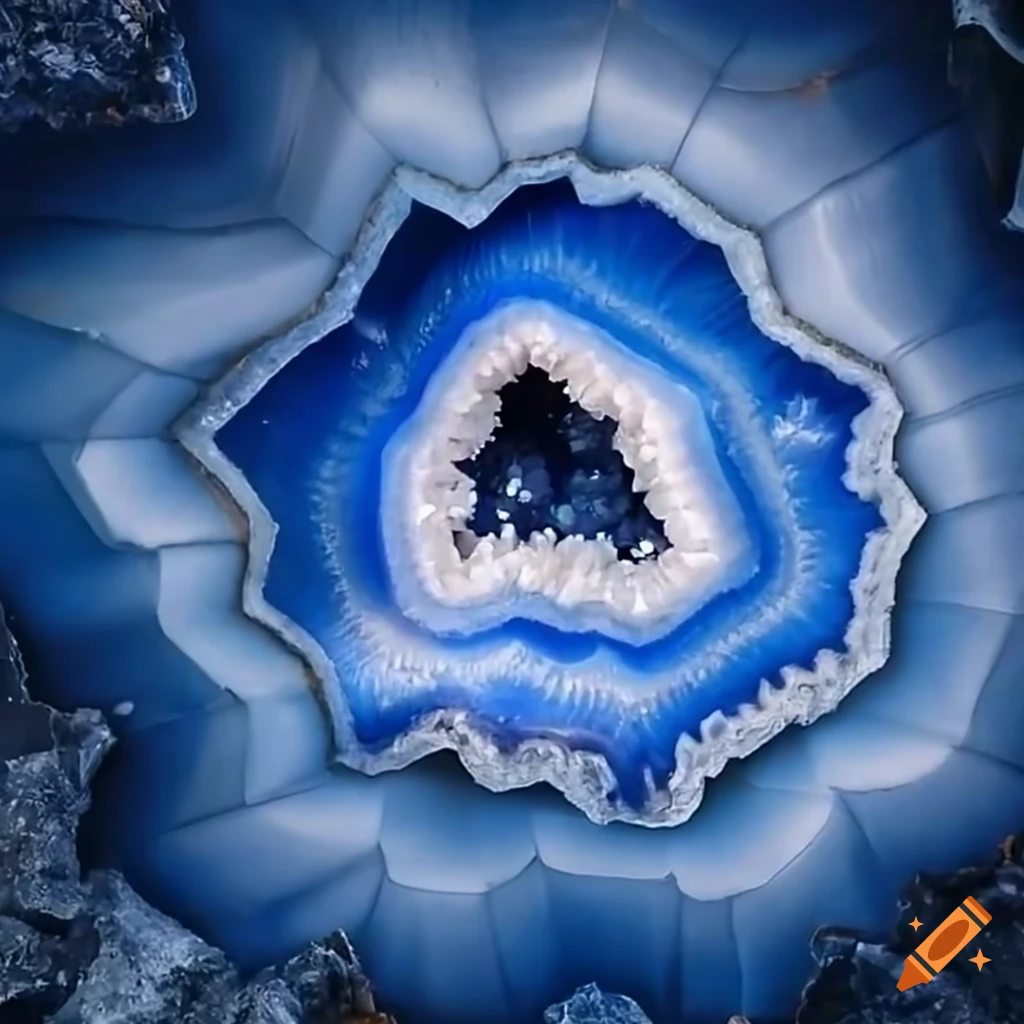 View inside a massive blue geode with beautiful crystals on Craiyon