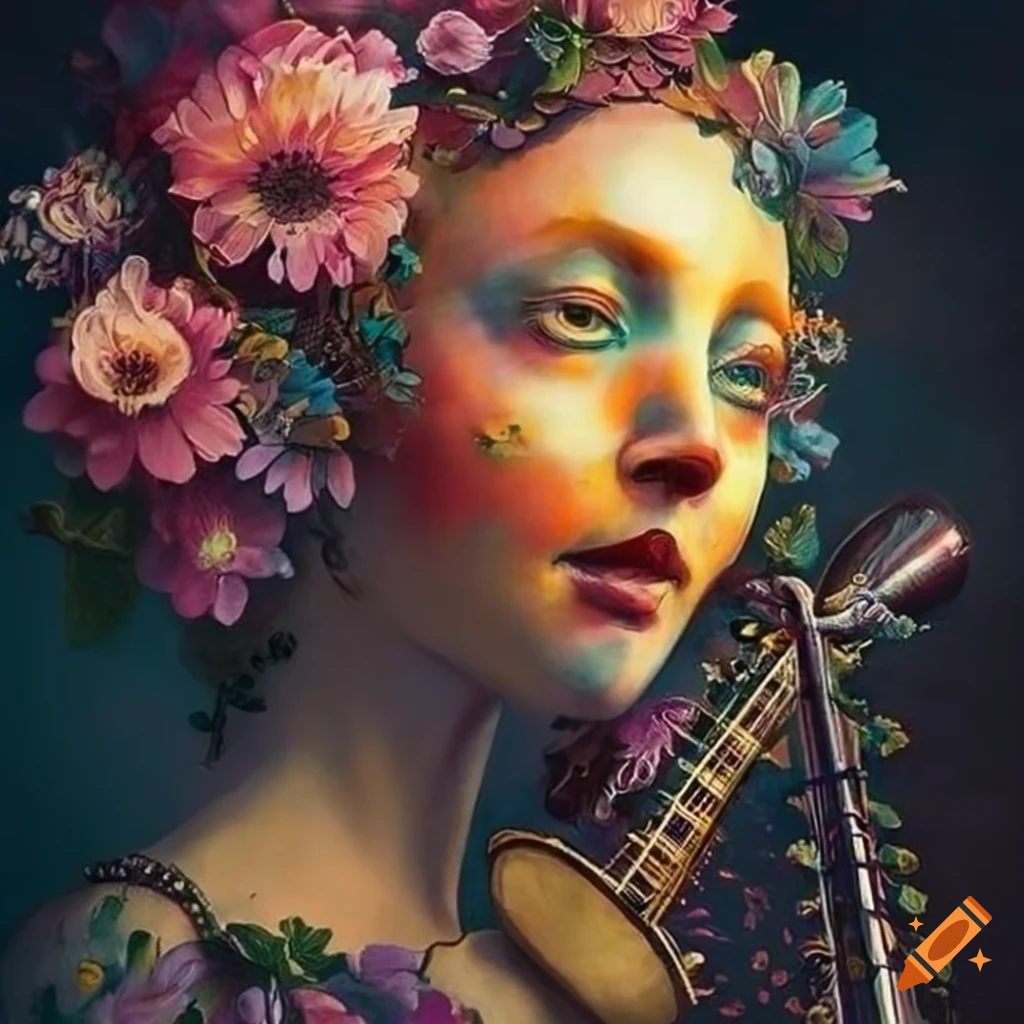 Flowers depicted as musicians playing unique instruments in fanciful ...
