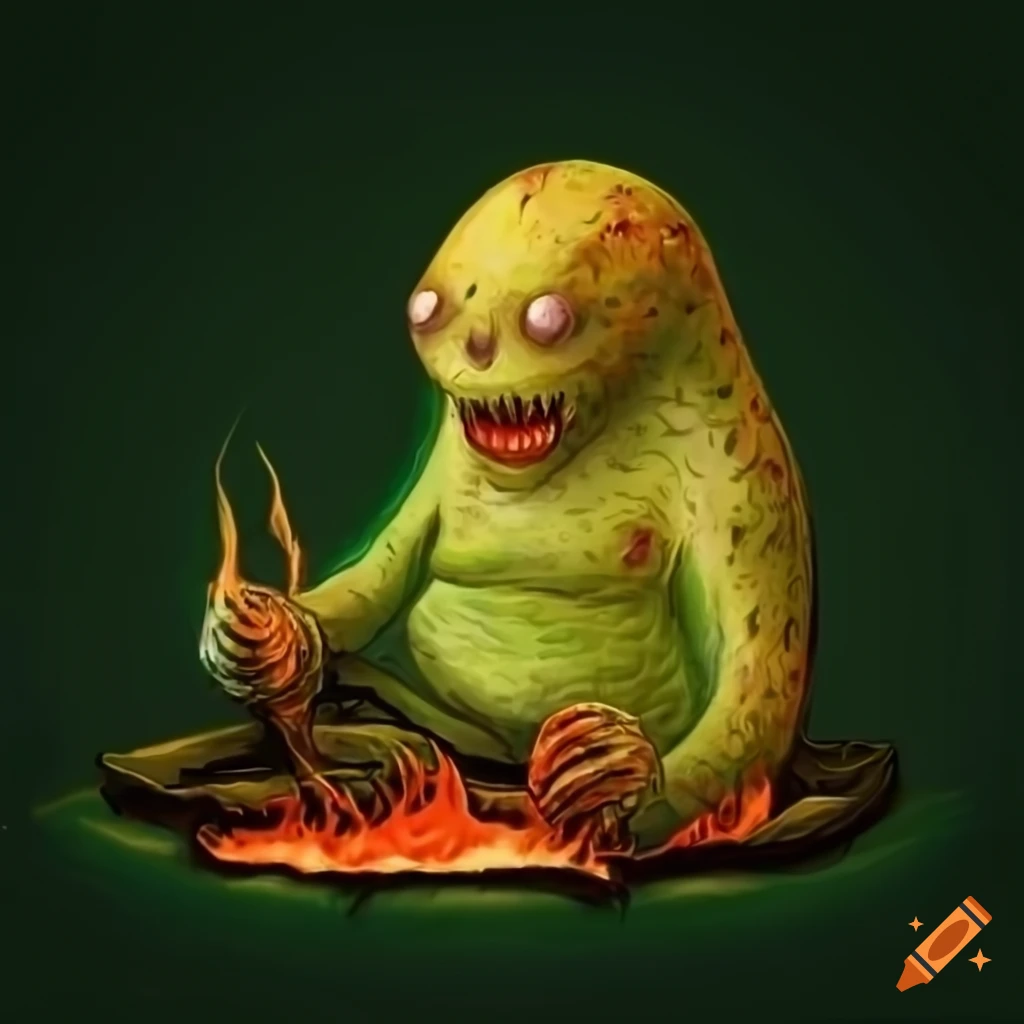 Amusing armless green-skinned creature beside a vibrant campfire on Craiyon
