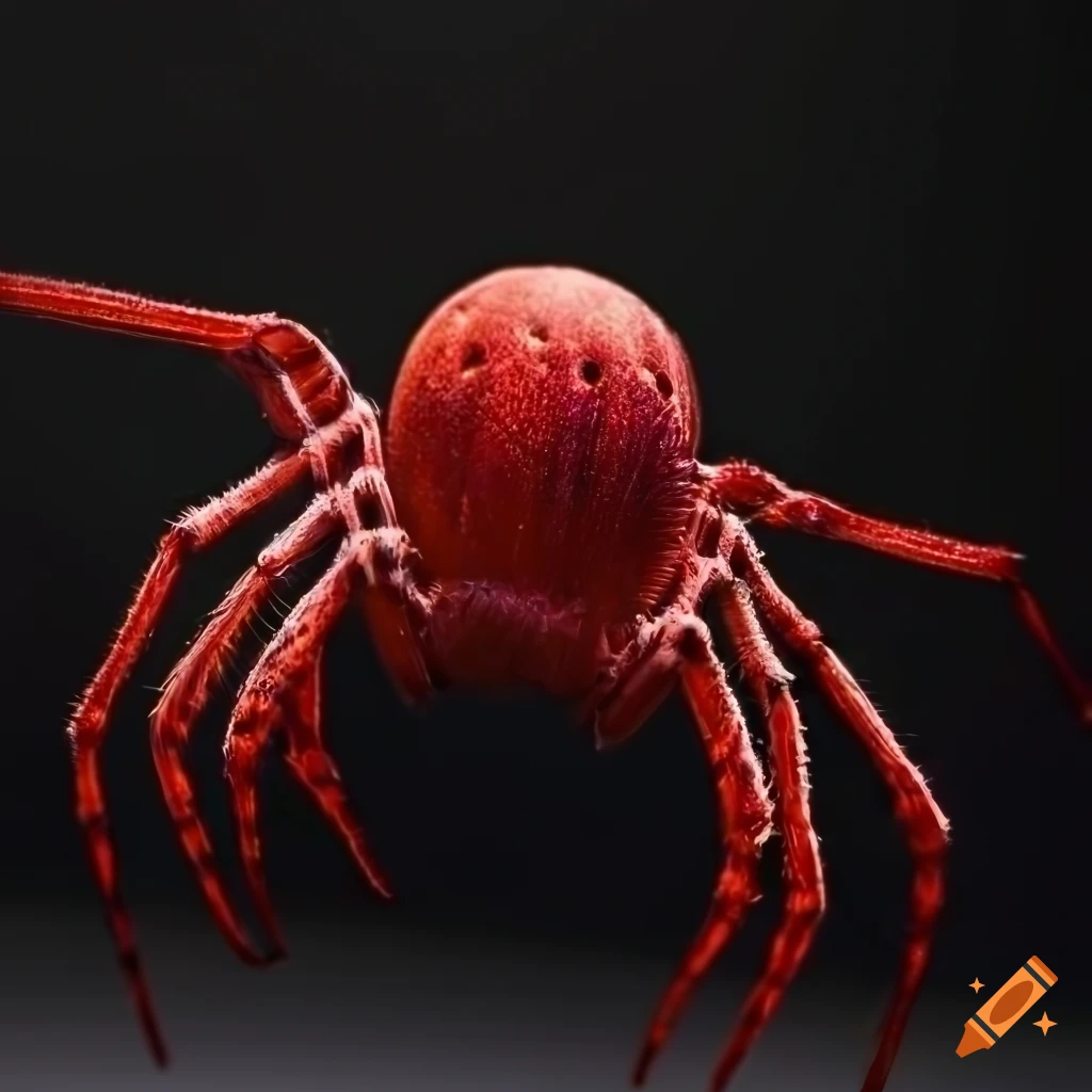 Red spider-like extraterrestrial in silk clothes on gray background on ...