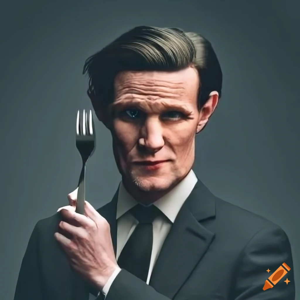 Matt smith in a dark suit holding fork and knife on Craiyon