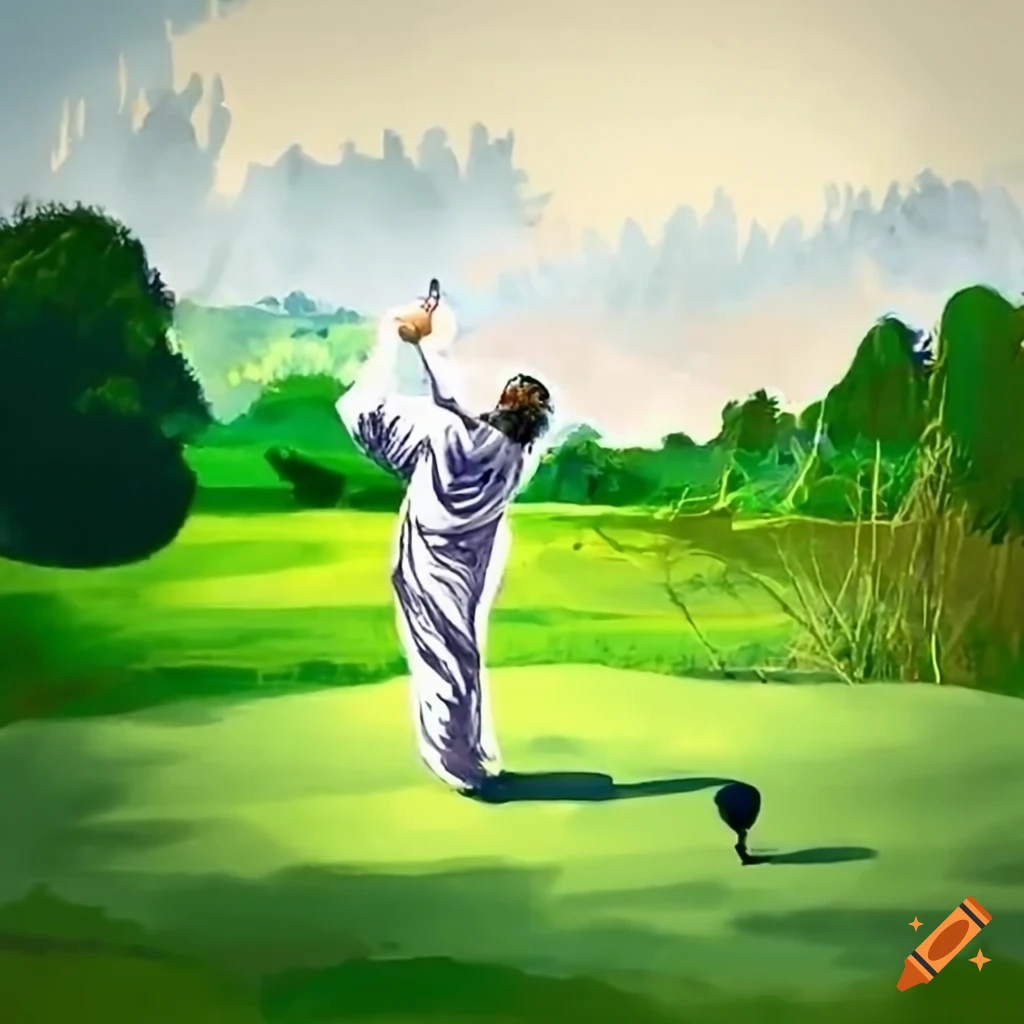 Jesus Christ playing golf at a scenic landscape on Craiyon