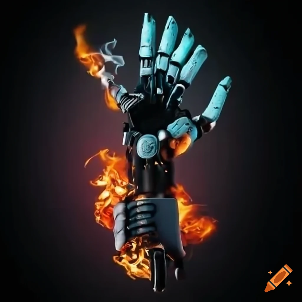 Burning robot hand holding a gun on Craiyon