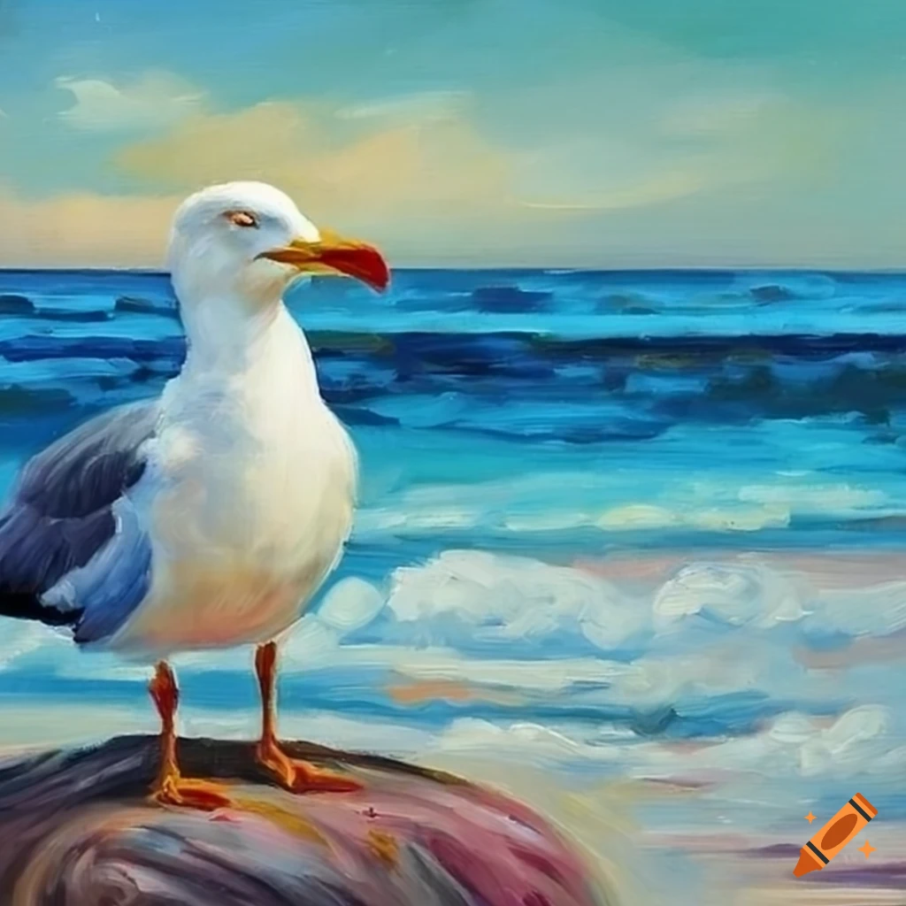 Seagull meditating on a cloud above the beach in an oil painting on Craiyon